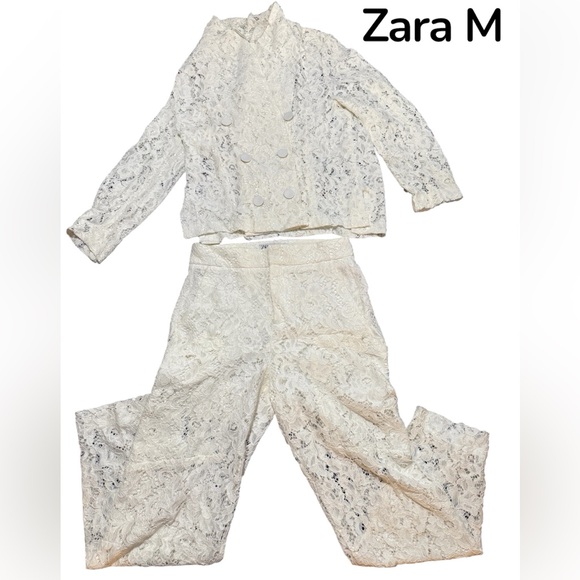 Zara | Other | Zara Cream Lace Jacket And Pants Set | Poshmark